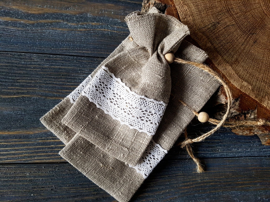 Set of 12 Natural Rustic Linen Bags With Laces, Burlap Bag With Laces ...