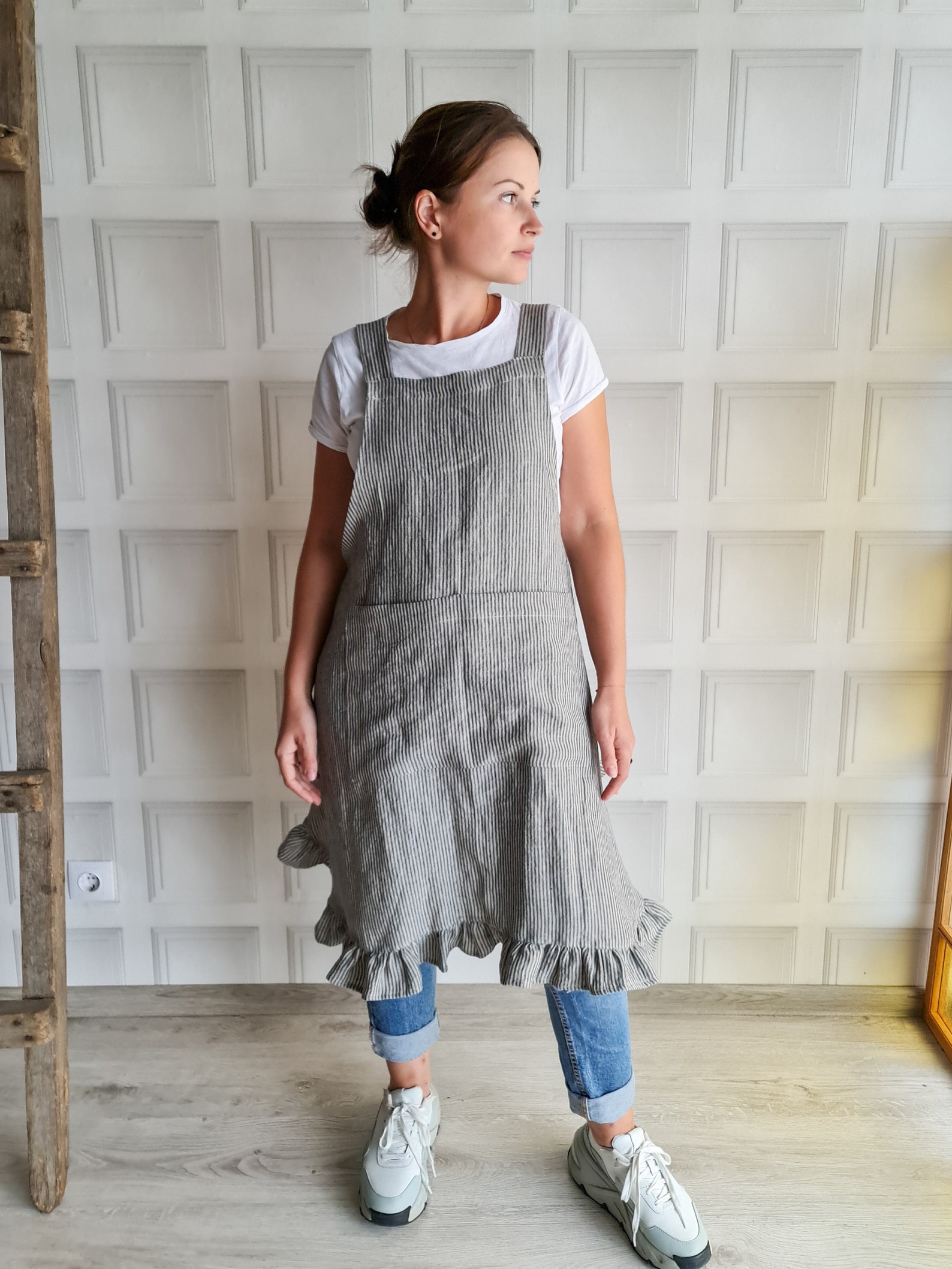 Linen Apron With Ruffles, Cross Back Ruffled Linen Apron, No Ties ...