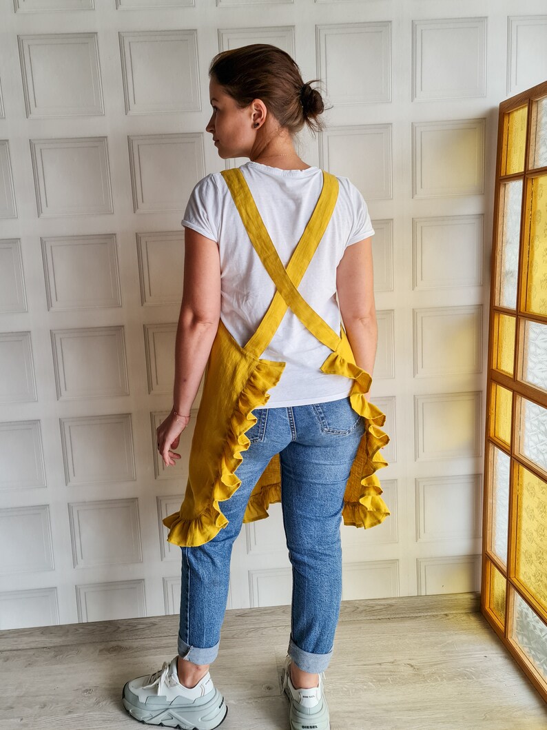 Linen Apron With Ruffles Cross Back Ruffled Linen Apron No - Etsy