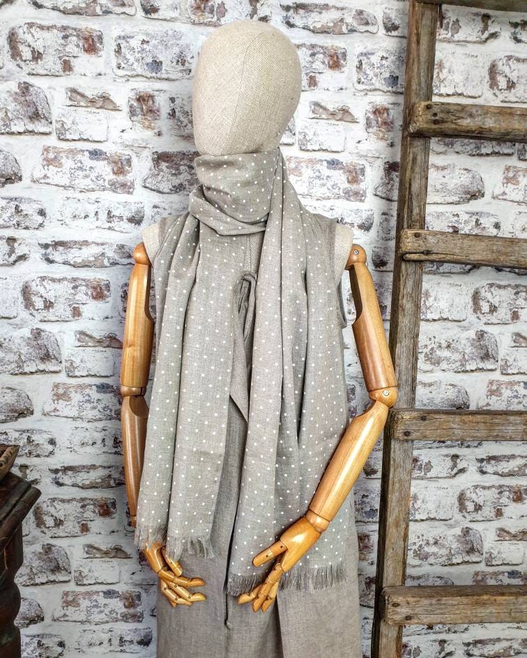 Polka Dots Linen Scarf, Beige With White Dots Stonewashed Linen Unisex ...