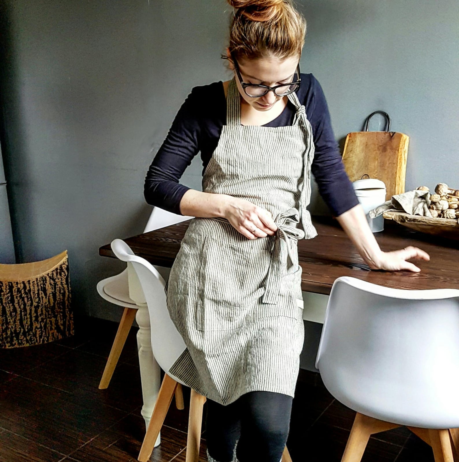 Striped Linen Apron, Linen Kitchen Dress, Rustic Linen Apron With ...