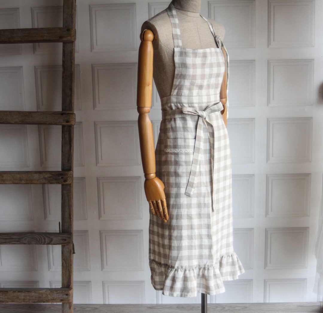 Checked Linen Apron With Ruffle and Lace Details With Kitchen Towel ...