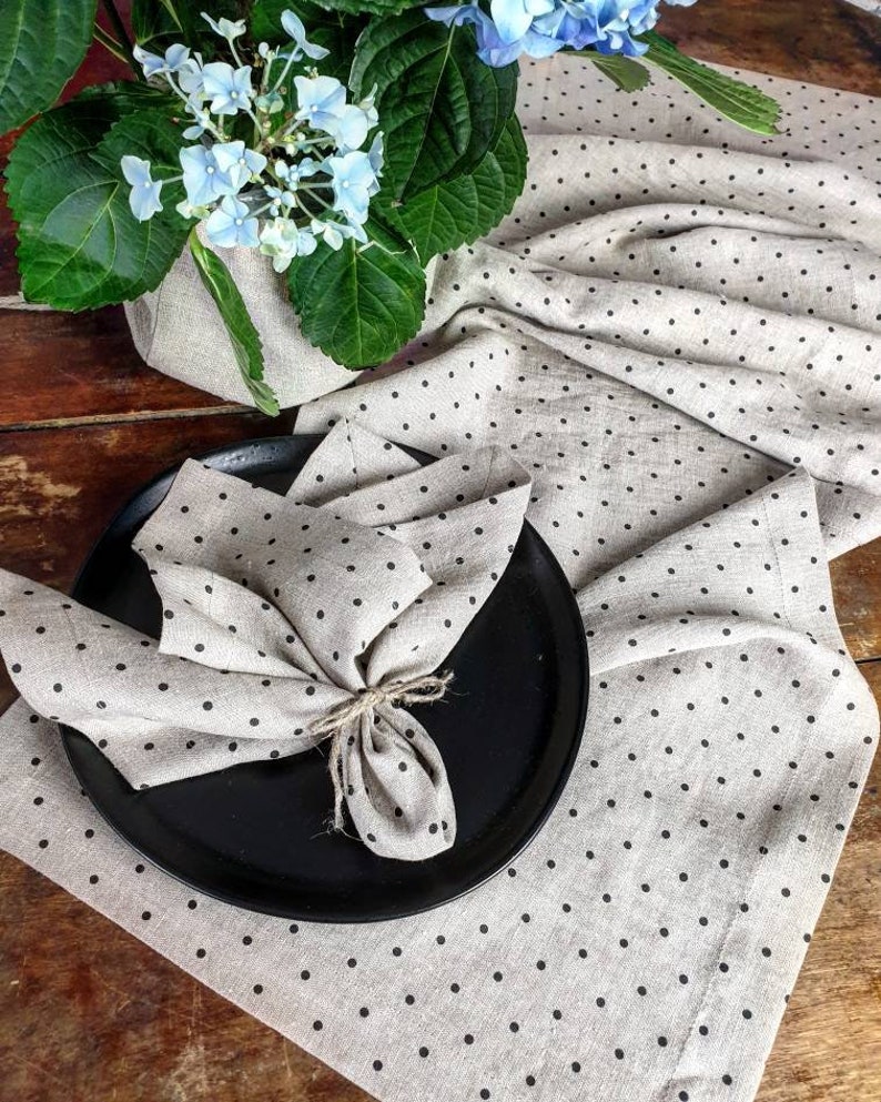 Beige Black Dots Linen Table Runner Washed Linen Farmhouse - Etsy