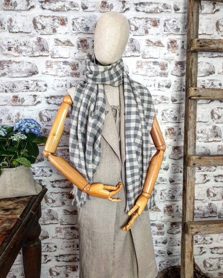 Checked Linen Scarf, Soft Natural Linen Unisex Scarf, Long Stonewashed ...