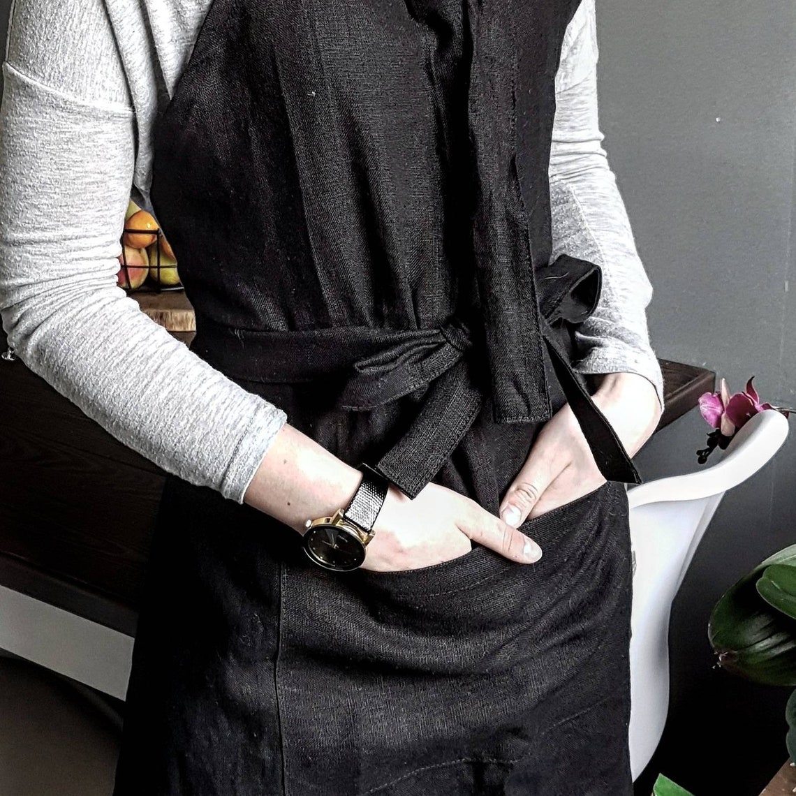 Black Rustic Linen Apron Rough Linen Kitchen Dress Chunky | Etsy