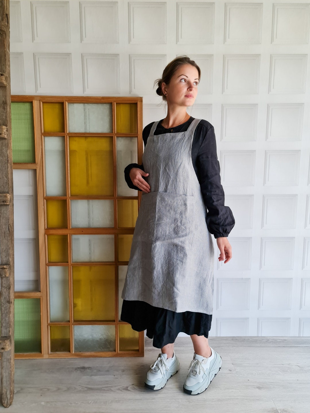 Crossed Back Linen Apron, Striped Linen Apron, No Ties Washed Linen ...
