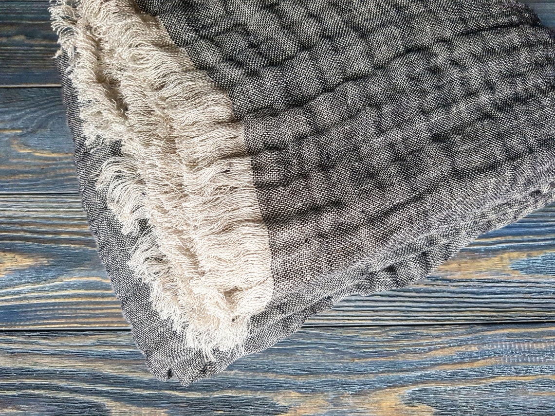 Fringed Linen Blanket Softened Linen Blanket Black Beige - Etsy