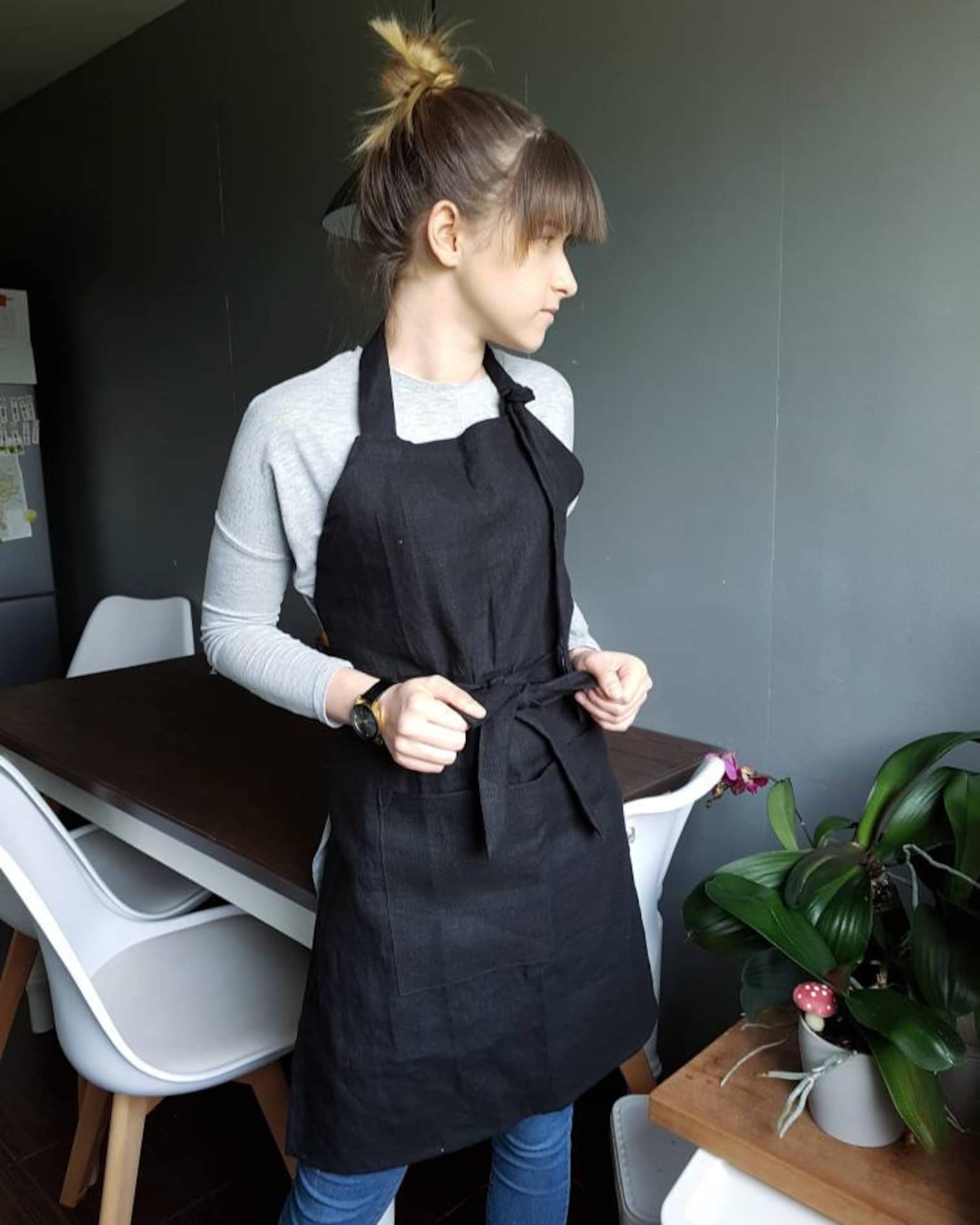 Black Rustic Linen Apron Rough Linen Kitchen Dress Chunky | Etsy