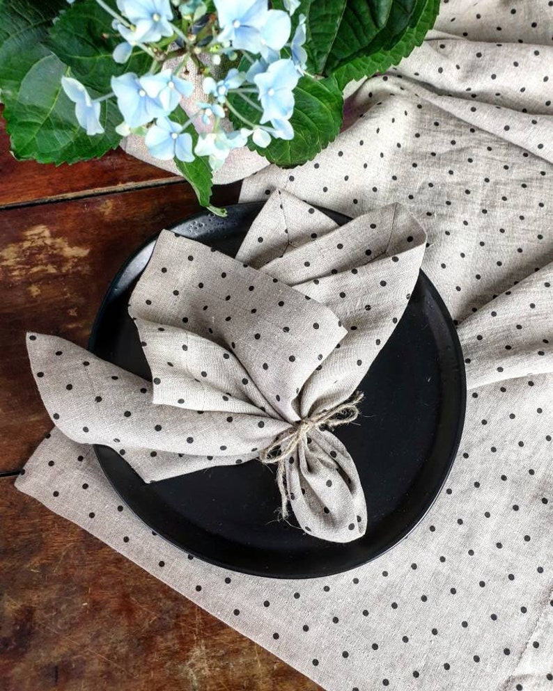 Beige Black Dots Linen Table Runner Washed Linen Farmhouse - Etsy