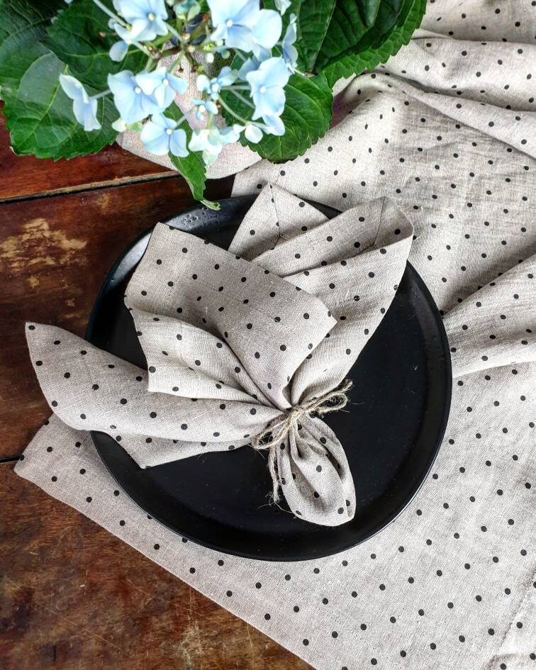 Beige Black Dots Linen Table Runner, Washed Linen Farmhouse Table ...