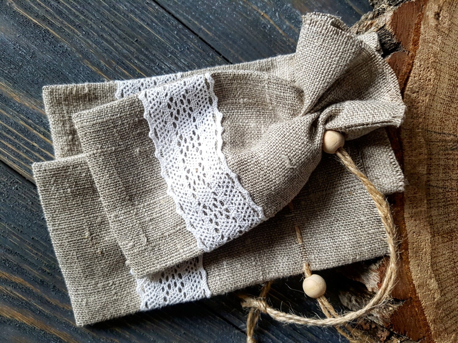 Set of 12 Natural rustic linen bags with laces burlap bag | Etsy