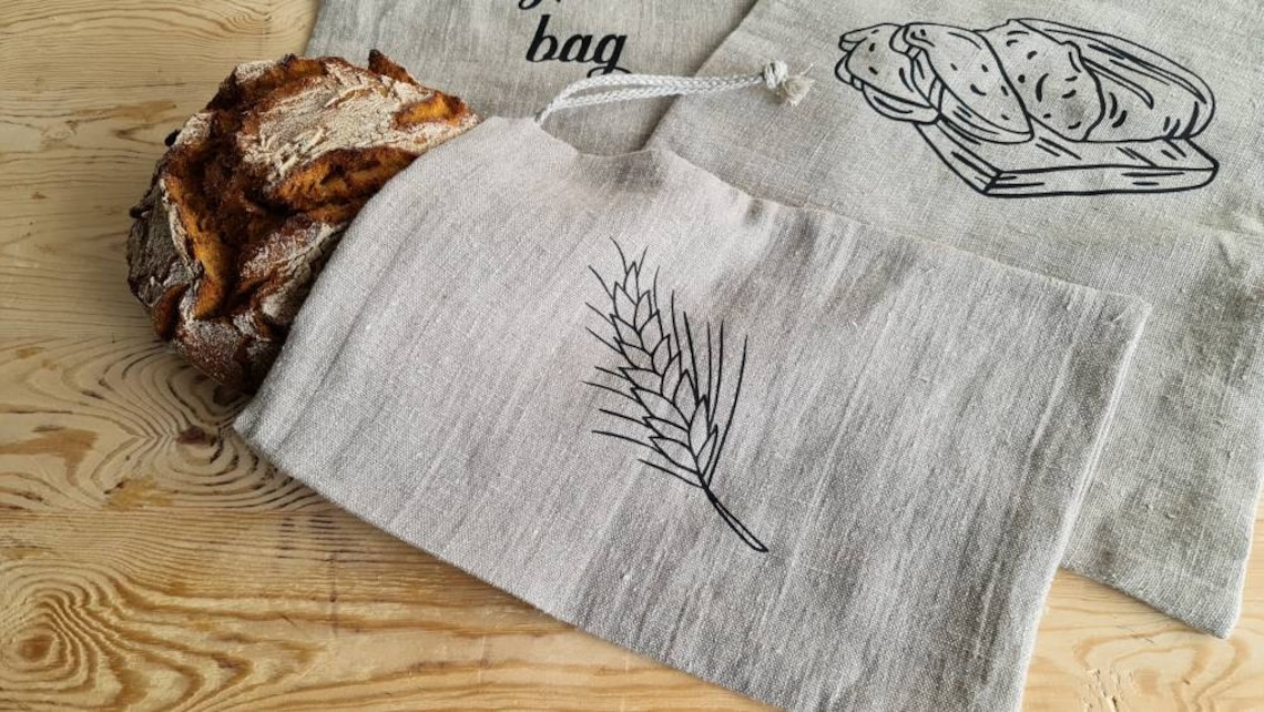 Printed Linen Bread Bag Set, Natural Linen Bread Loaf Bags With ...