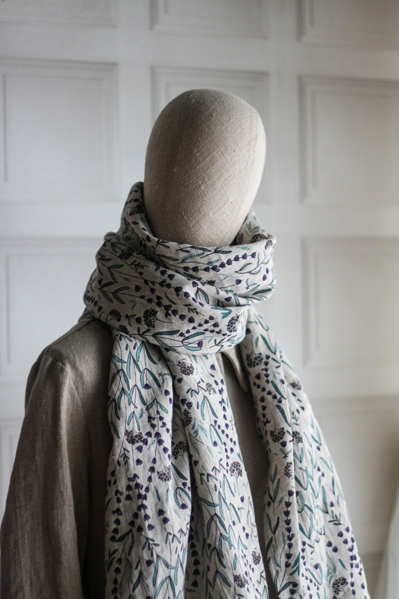 Washed Linen Wide Scarf With Lavender Flower Detail, Long Wide Floral ...