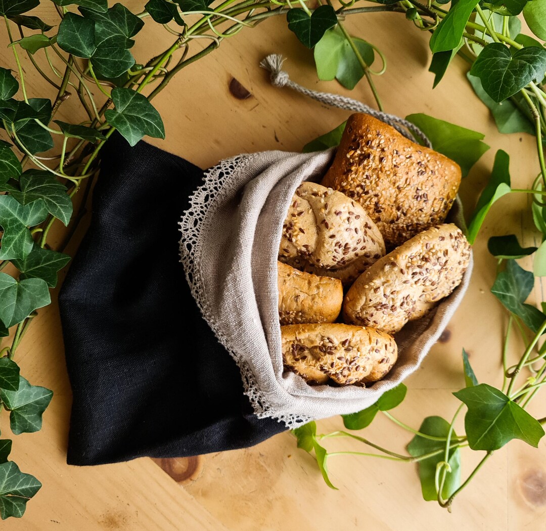 Linen Bag, Black Beige Bread Loaf Bag With Linen Lace, Food Storage ...