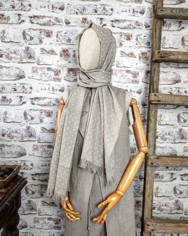 Polka Dots Linen Scarf, Beige With White Dots Stonewashed Linen Unisex ...