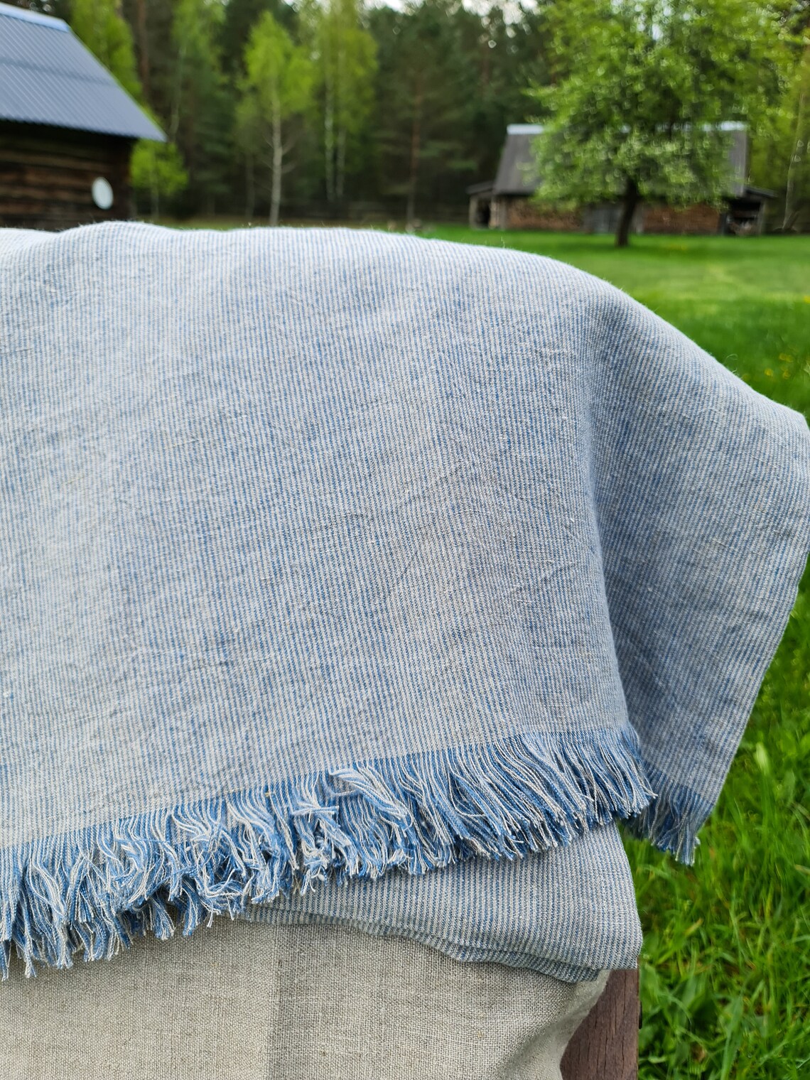 Blue Striped Linen Blanket Softened Blue Beige Linen Blanket | Etsy