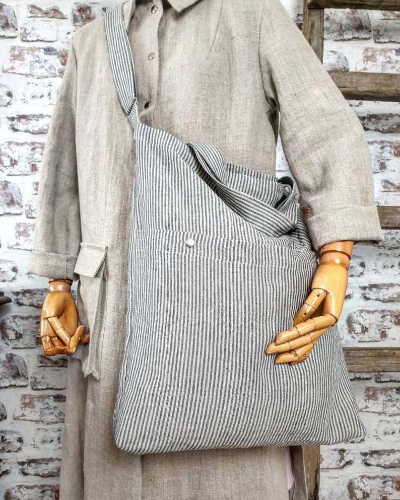 Striped linen shopping bag natural burlap linen tote bag | Etsy