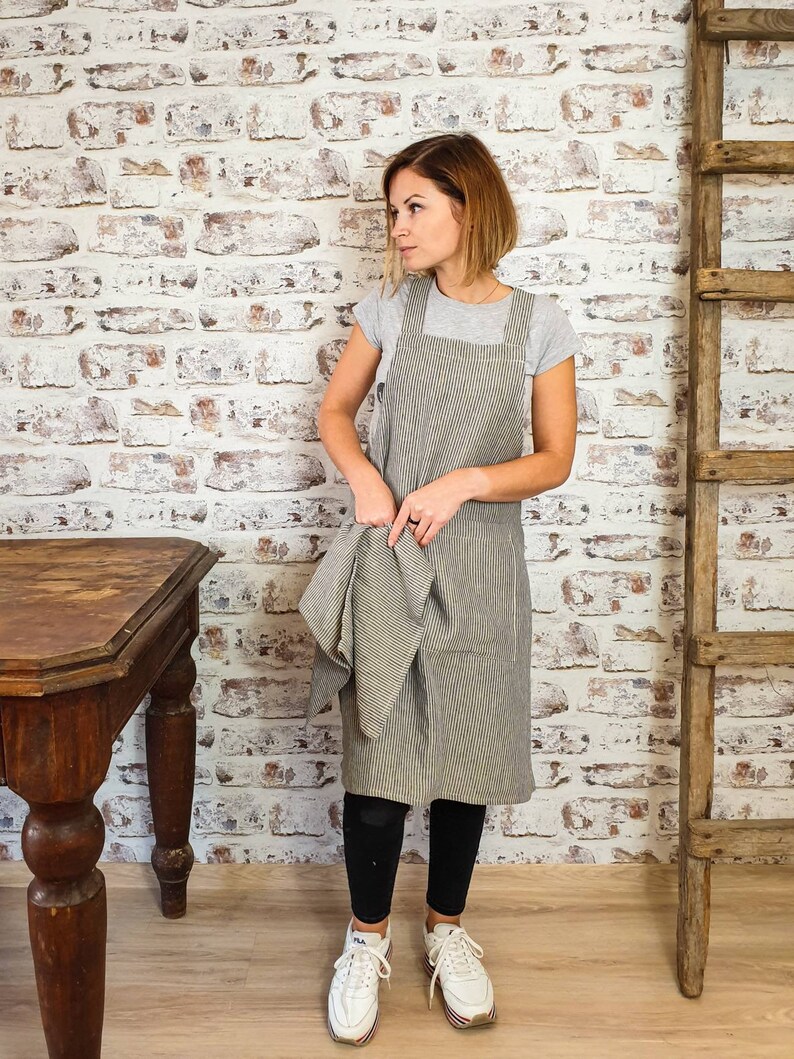 Crossed Back Linen Apron Striped Linen Apron No Ties Washed | Etsy