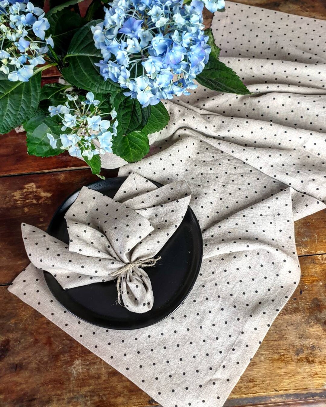 Beige Black Dots Linen Table Runner, Washed Linen Farmhouse Table ...