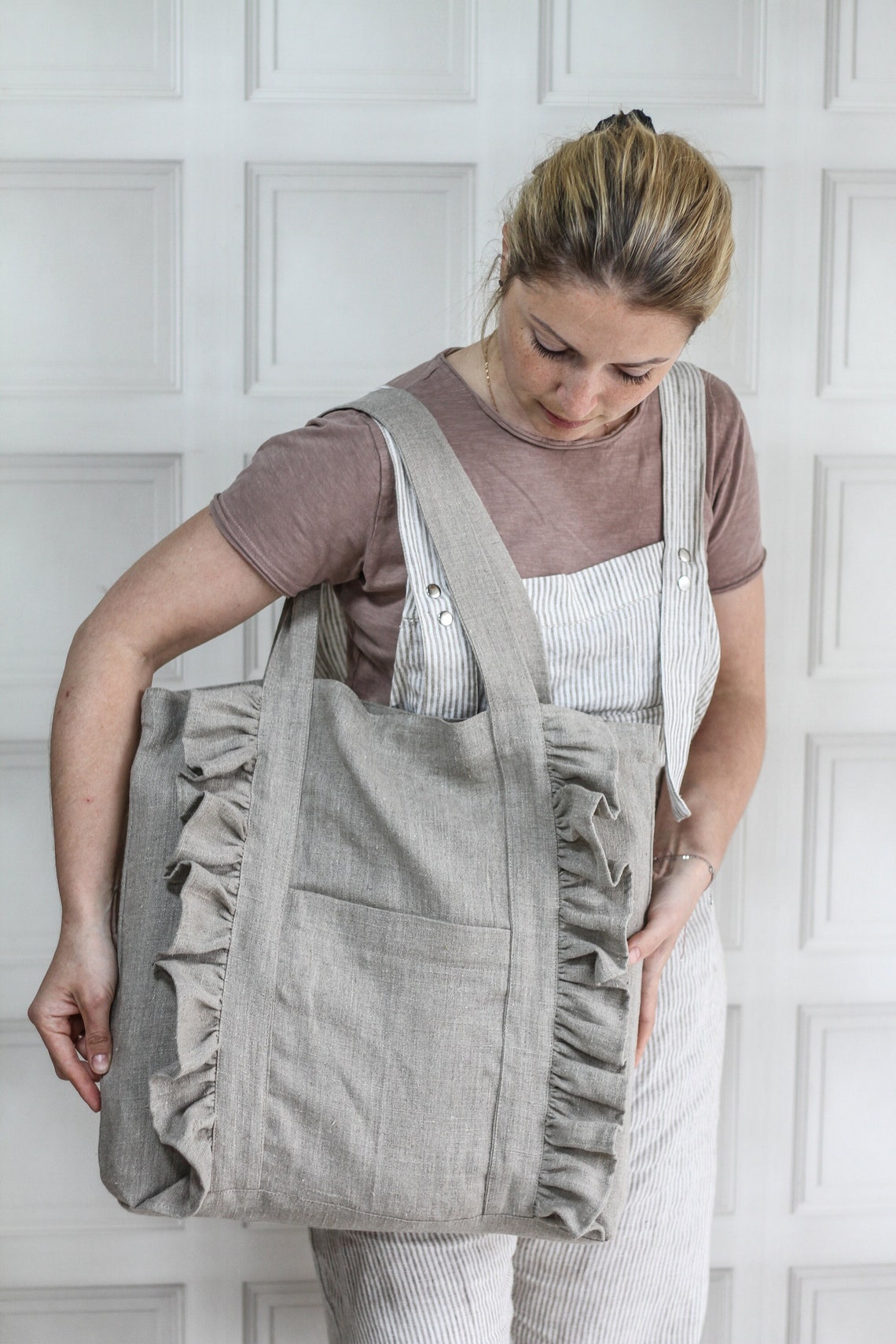 Tote Bag From Rustic Linen With Ruffle Design Linen Shopping - Etsy