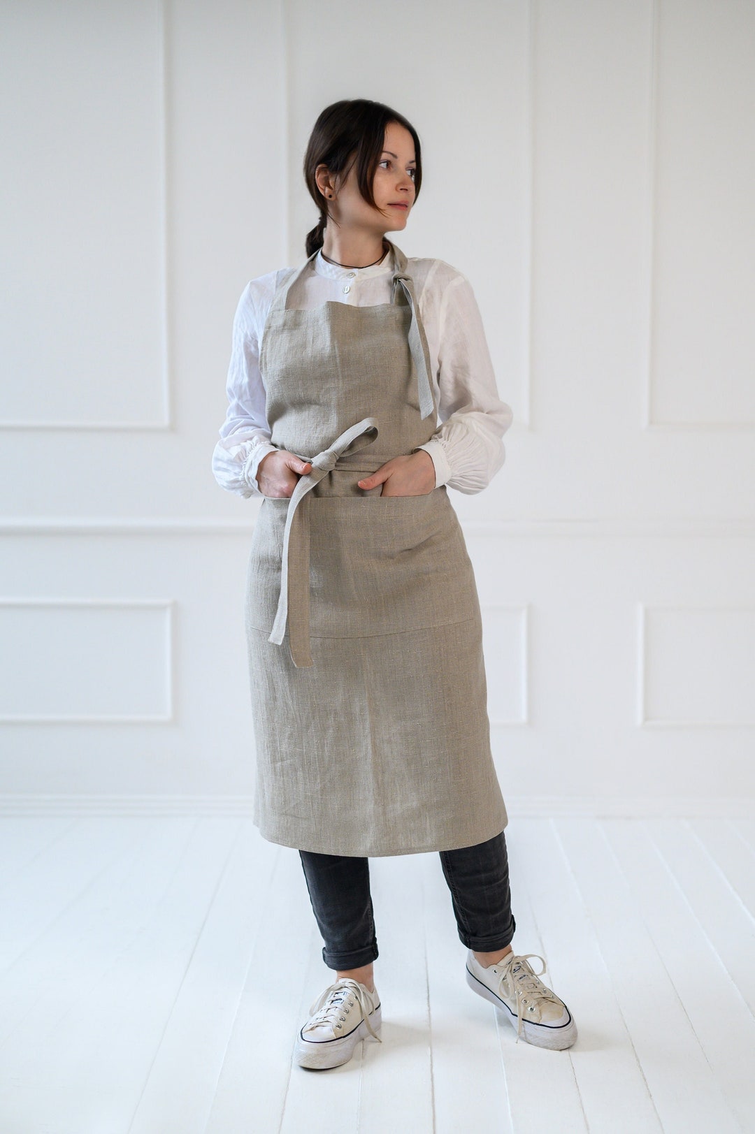 Raw Linen Apron, Full Linen Apron With Pockets, Daily Restaurant Apron ...