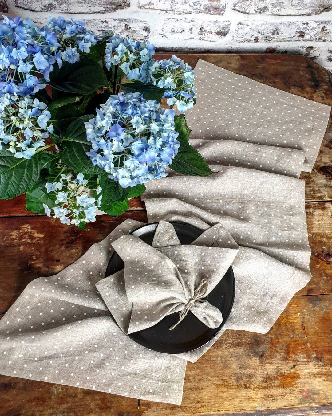 Polka Dots Linen Table Runner, Washed Linen Farmhouse Table Center ...