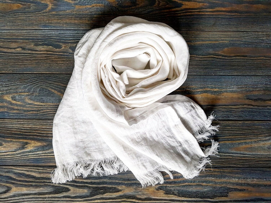 White Linen Scarf, Softened Linen Unisex Scarf, Long Linen Scarf for ...