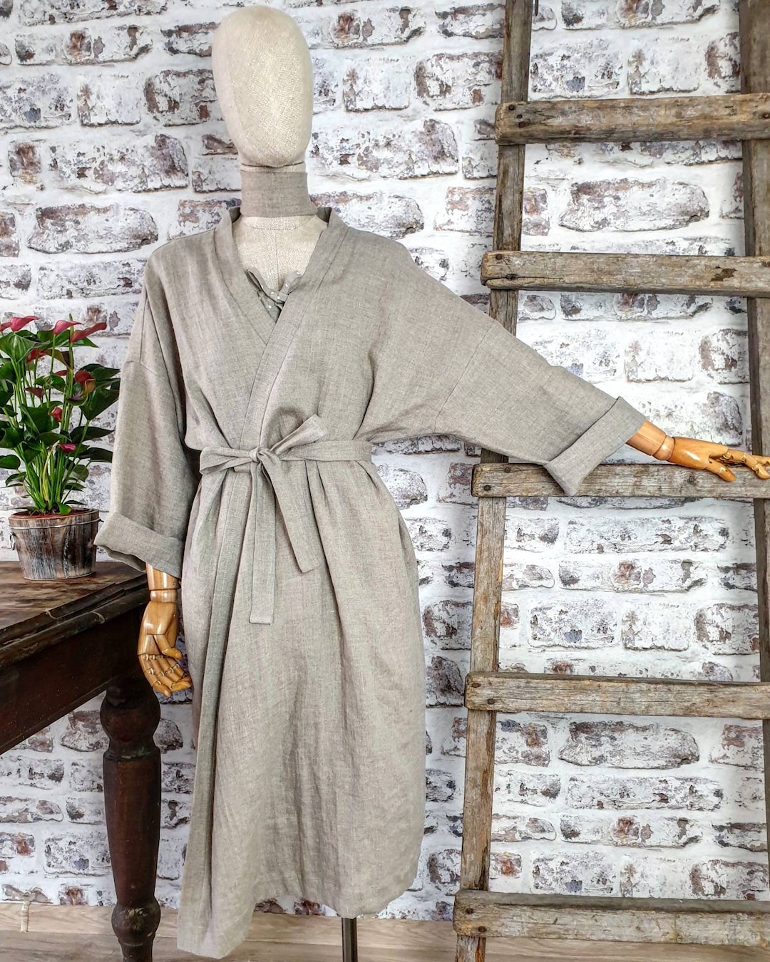 Washed Linen Bath Robe, Natural Linen Kimono Robe, Stonewashed Linen ...