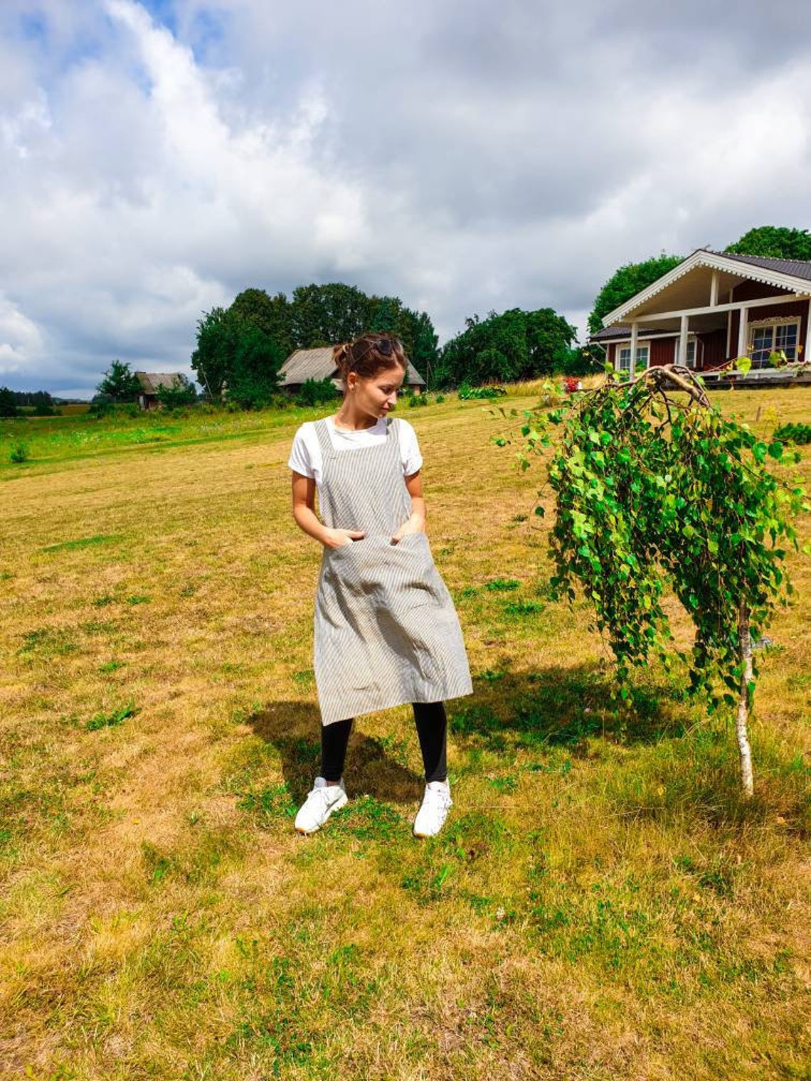 Crossed Back Linen Apron Striped Linen Apron No Ties Washed | Etsy