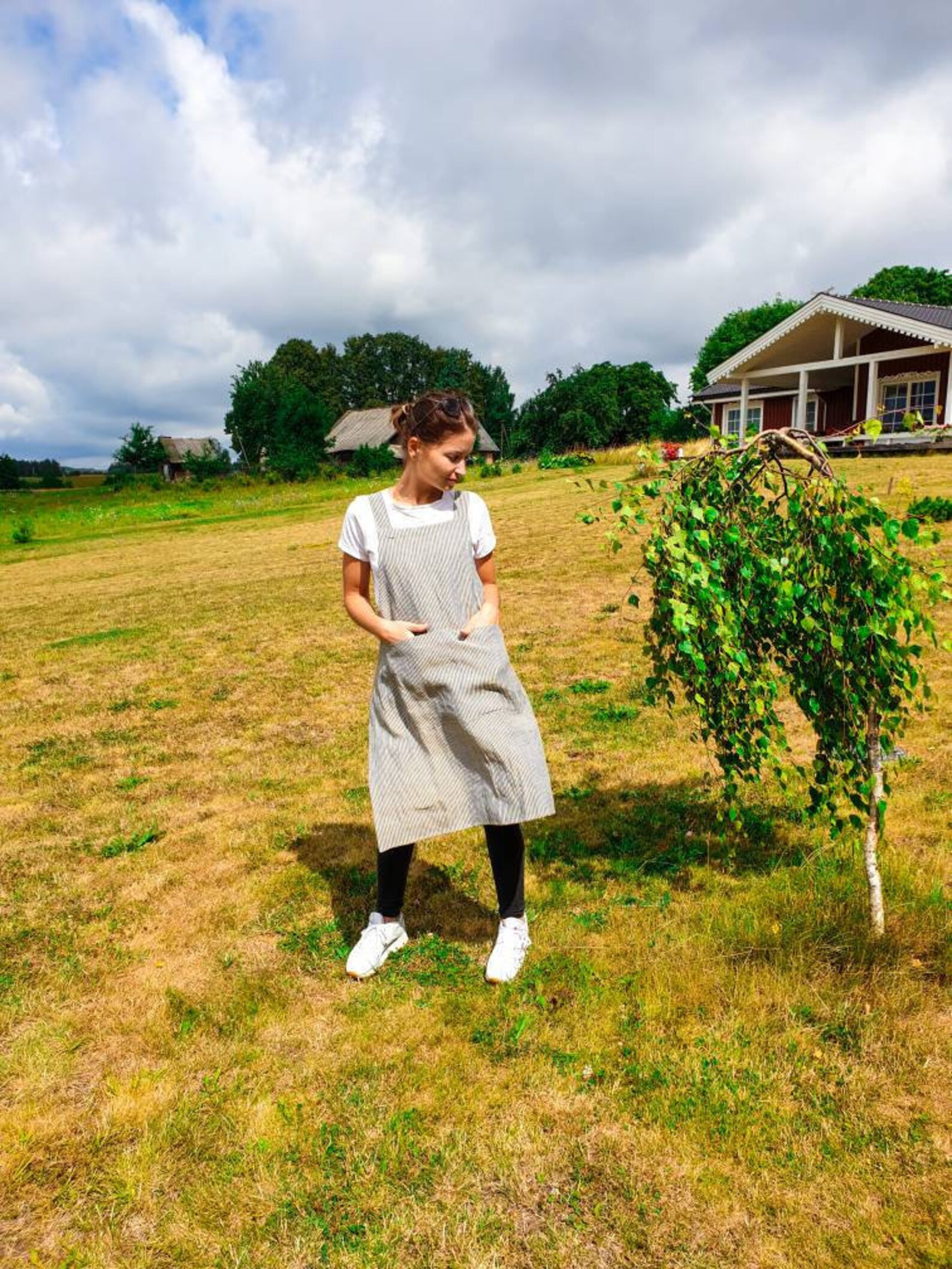 Crossed Back Linen Apron Striped Linen Apron No Ties Washed | Etsy