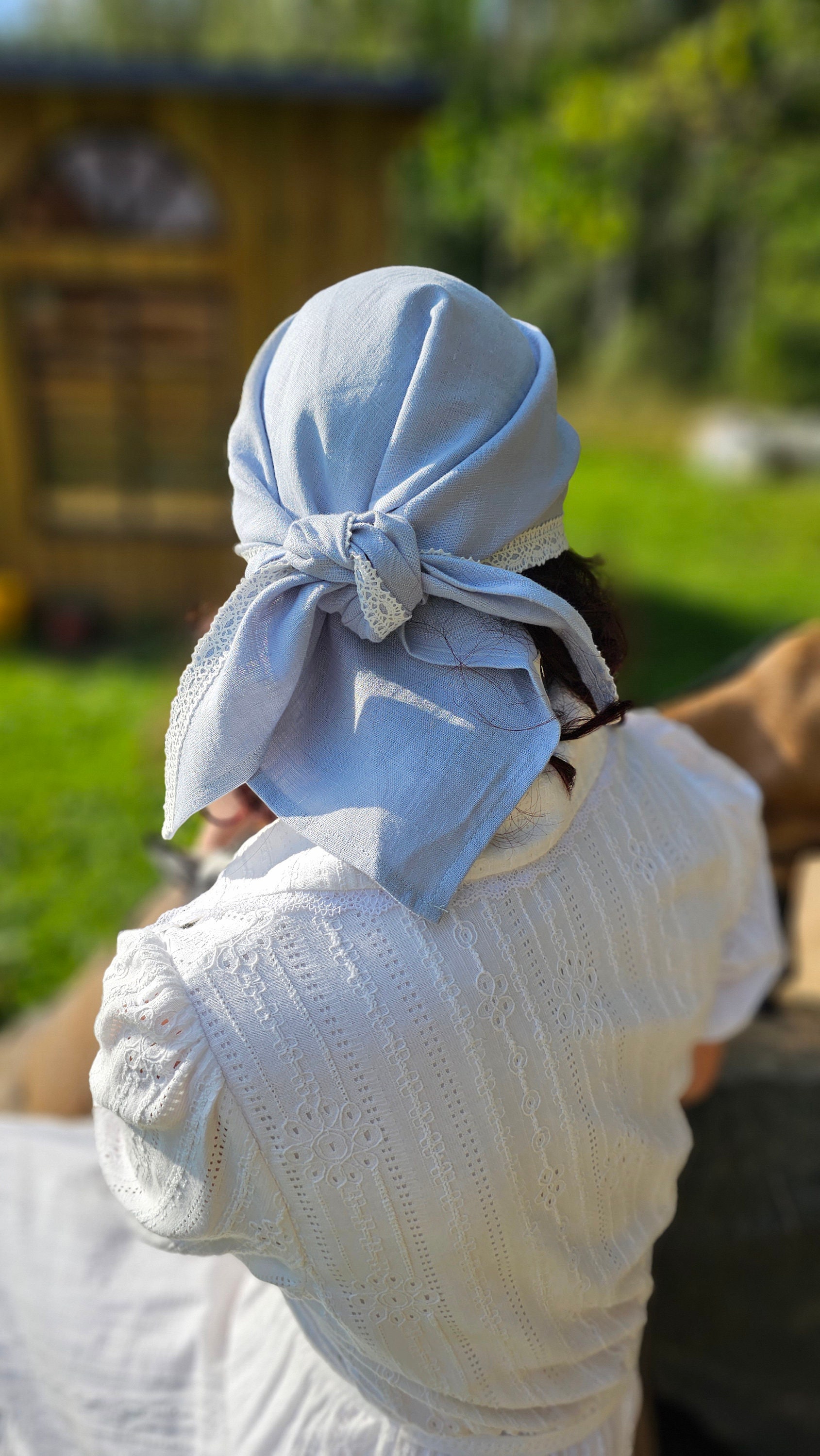 Linen Triangle Headscarf With Lace Detail, Custom Color Linen Bandana ...
