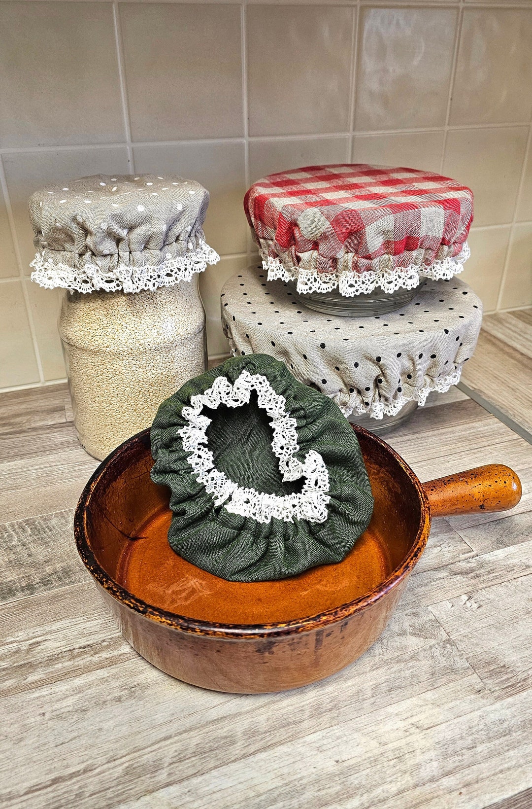 Linen Bowl Cover With Lace, Custom Color Reusable Dish Cover, Set of ...