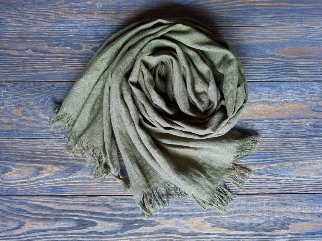 Long Moss Green Linen Scarf, Softened Linen Unisex Scarf, Long Linen ...