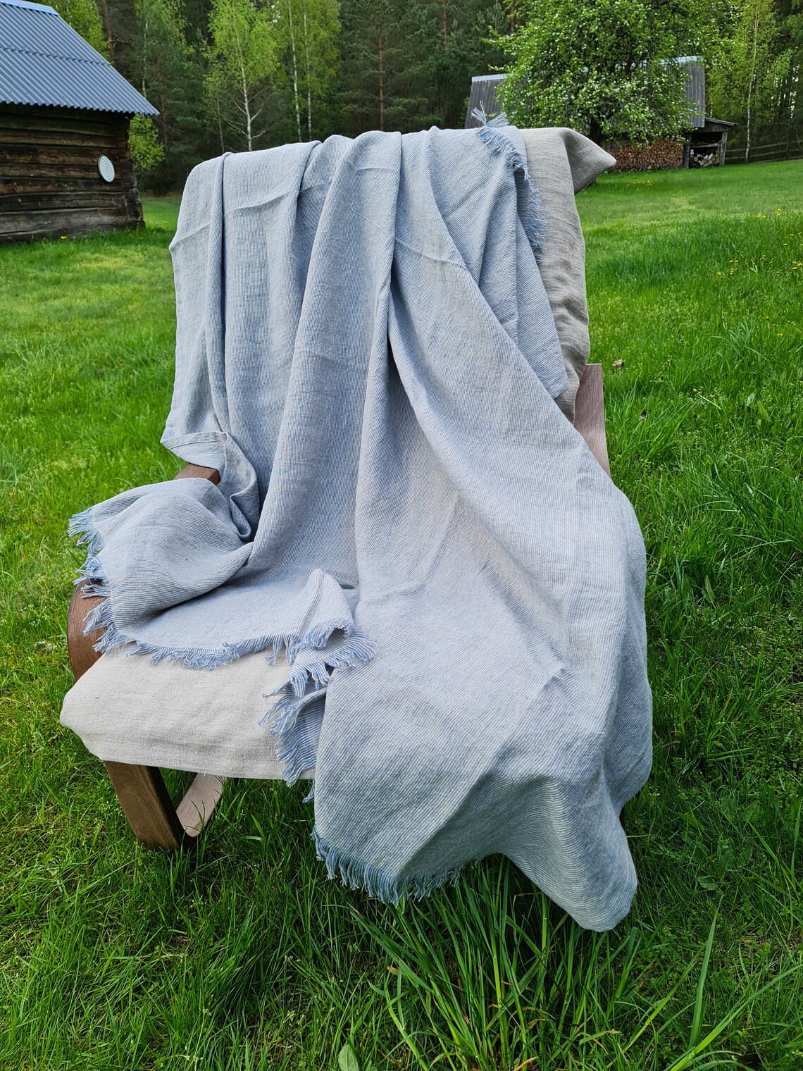 Blue Striped Linen Blanket Softened Blue Beige Linen Blanket | Etsy