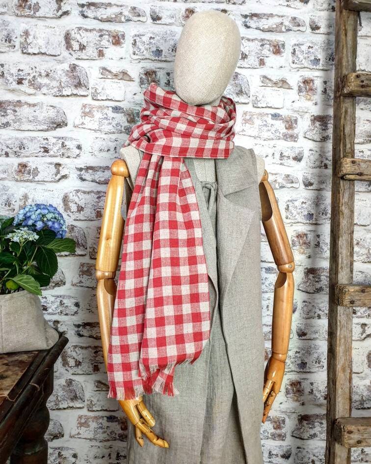 Checked Linen Scarf, Soft Natural Linen Unisex Scarf, Long Stonewashed ...
