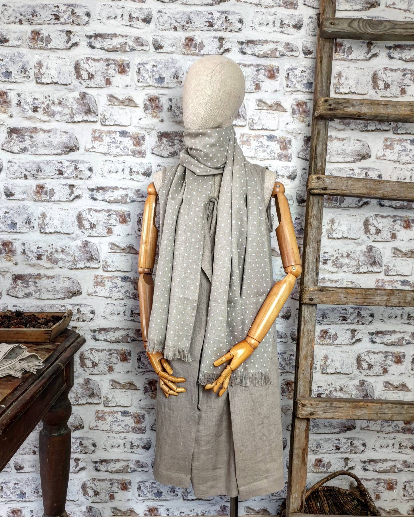 Polka Dots Linen Scarf, Beige With White Dots Stonewashed Linen Unisex ...
