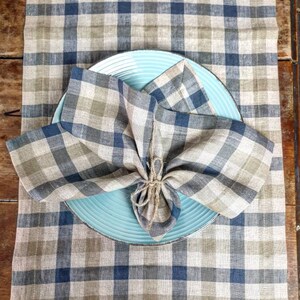 Checked Linen Napkins Set, Natural Stonewashed Linen Blue Beige Table ...