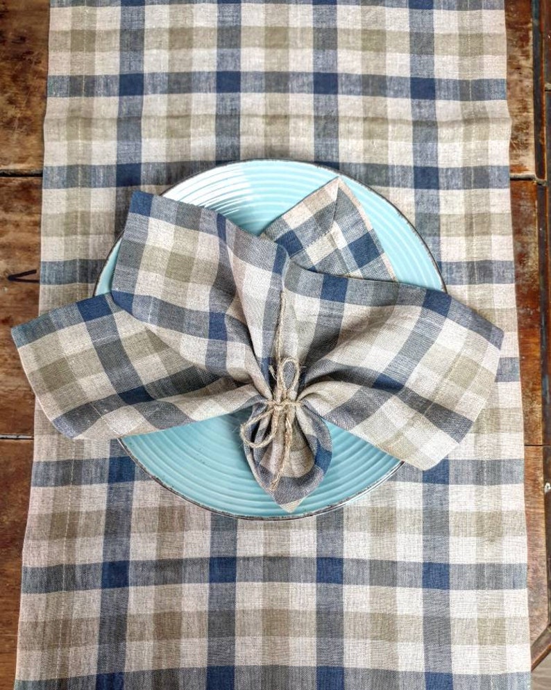 Checked linen napkins set natural stonewashed linen blue | Etsy