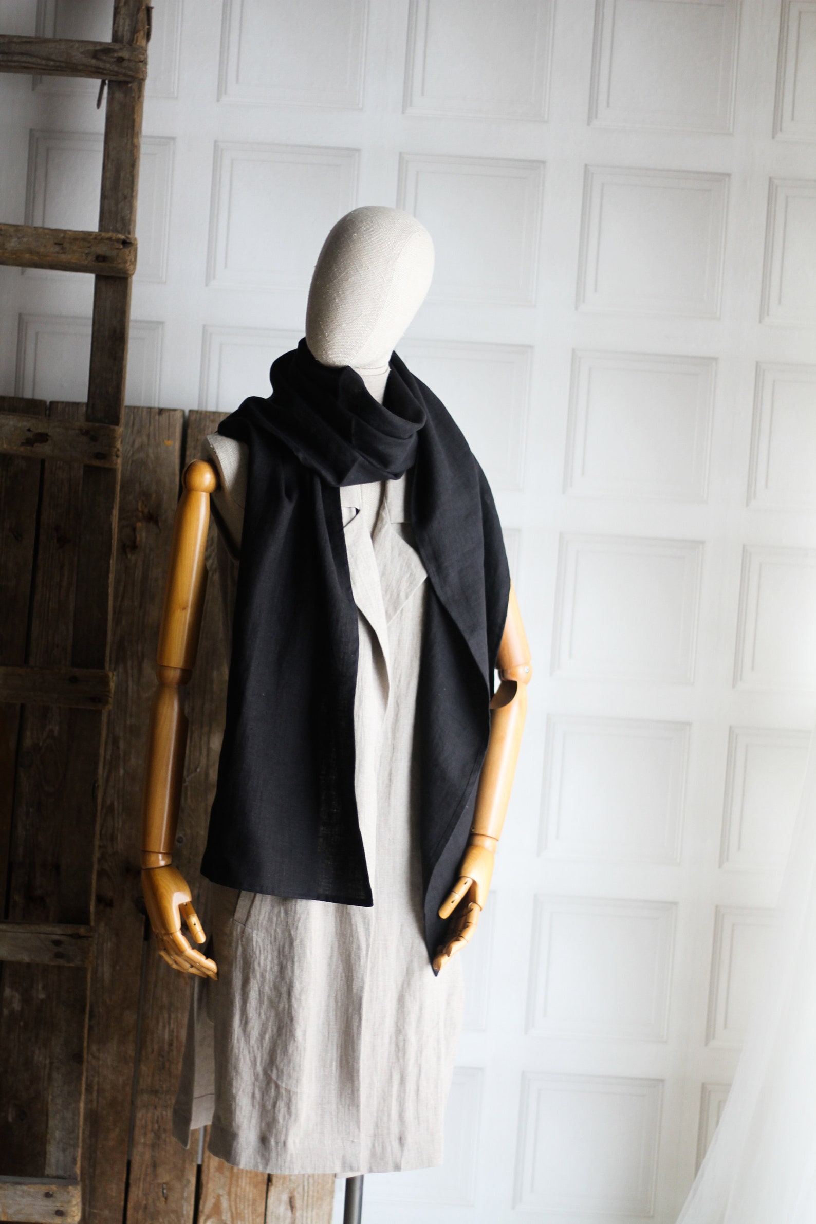Linen Scarf, Long Black Linen Scarf, Softened Linen Unisex Scarf, Long ...
