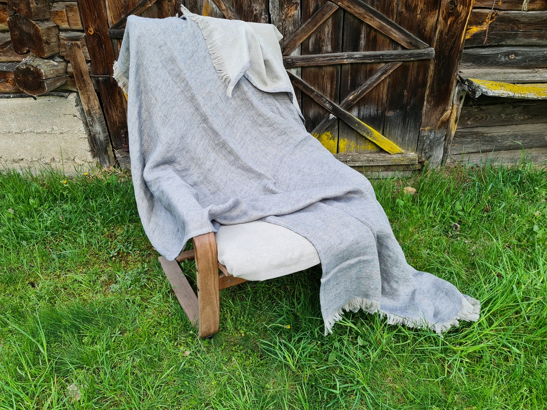 Grey Fringed Linen Blanket, Softened Linen Blanket, Doublesided Linen ...