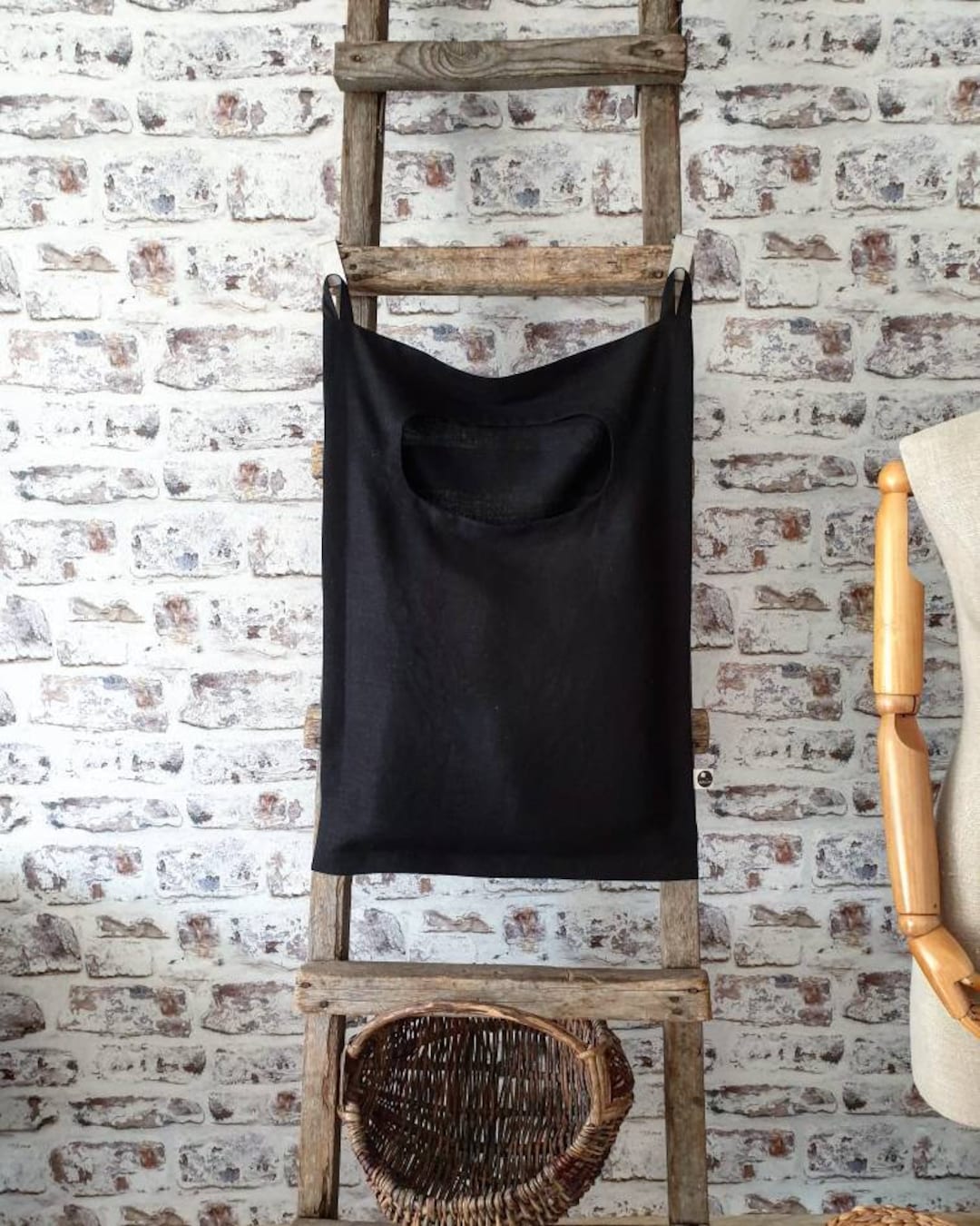 Hanging Black Linen Laundry Bag, Large Laundry Hamper Bag, Raw Linen ...