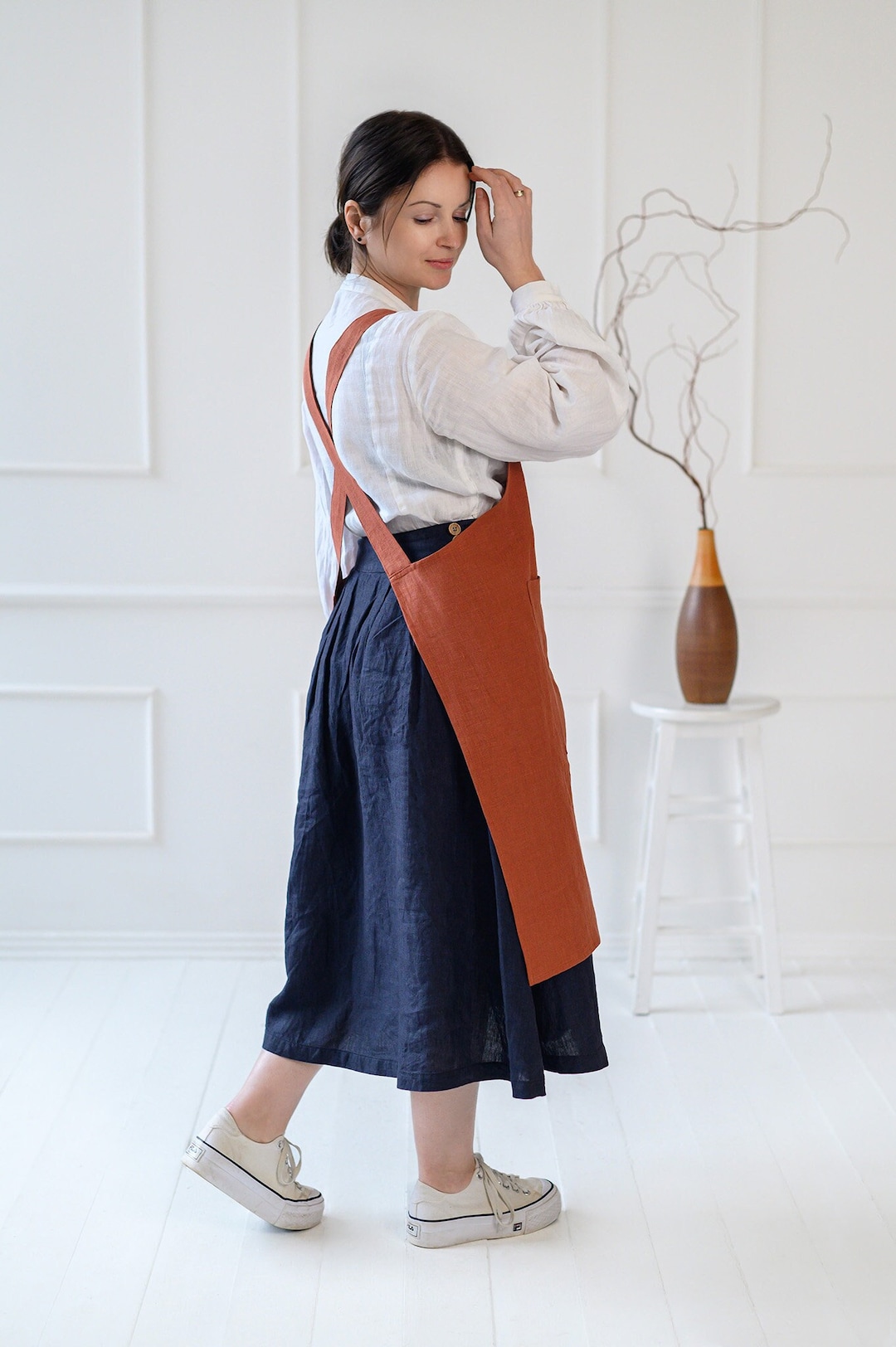 Japanese Linen Apron, Cross Back Linen Apron, No Ties Washed Linen ...