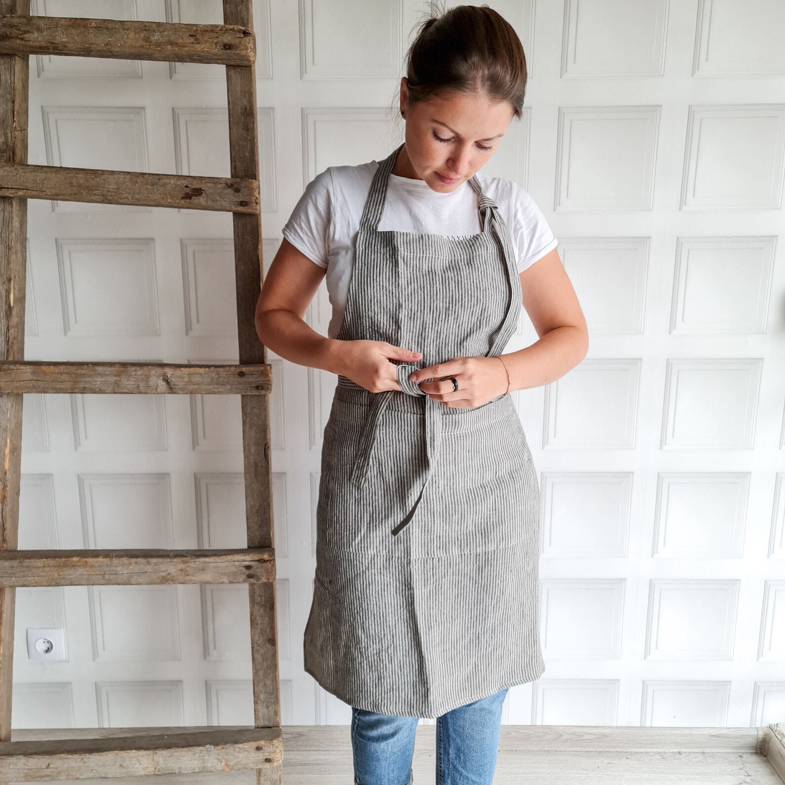 Striped Linen Apron, Linen Kitchen Dress, Rustic Linen Apron With ...