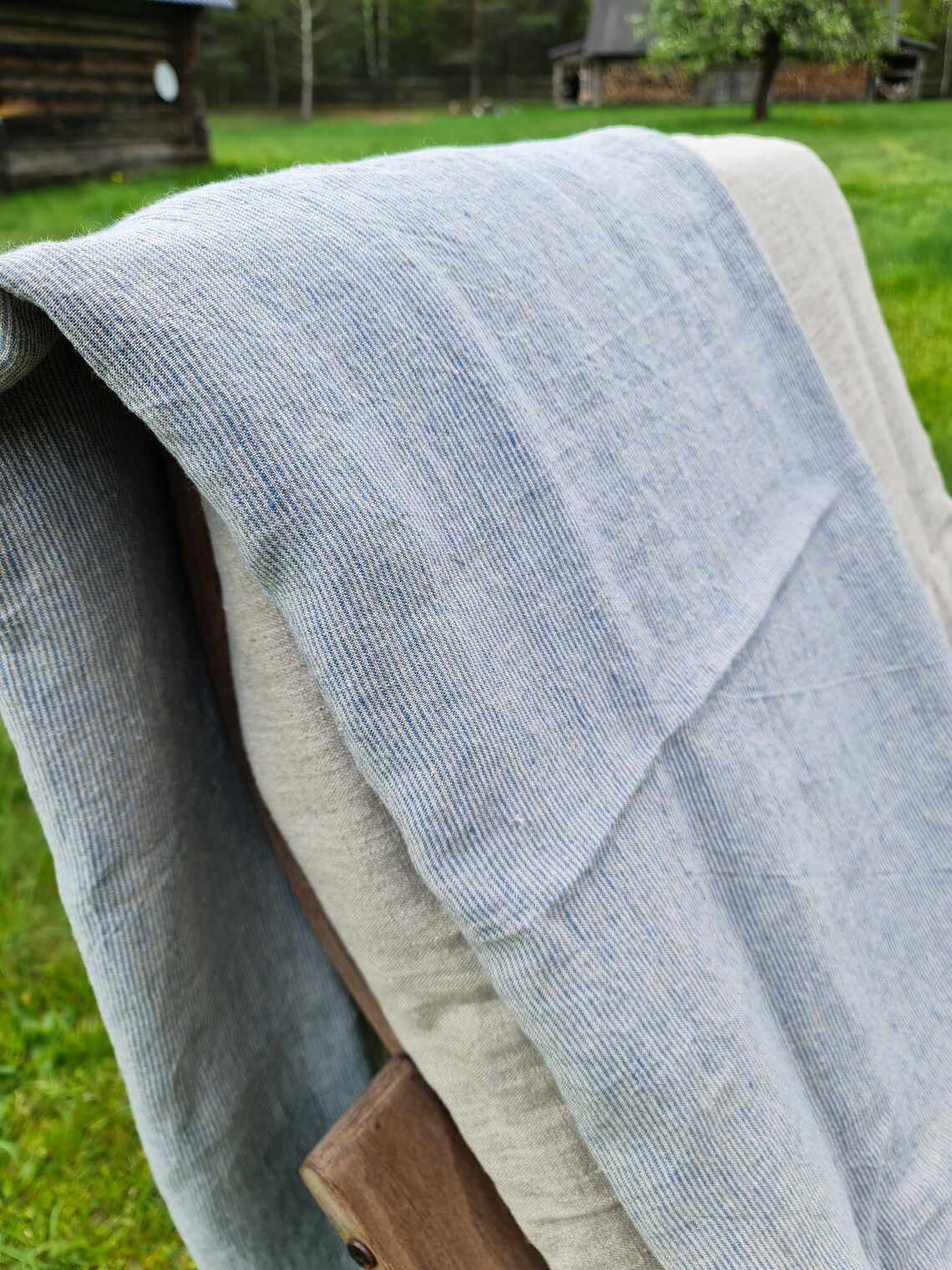 Blue Striped Linen Blanket Softened Blue Beige Linen Blanket | Etsy