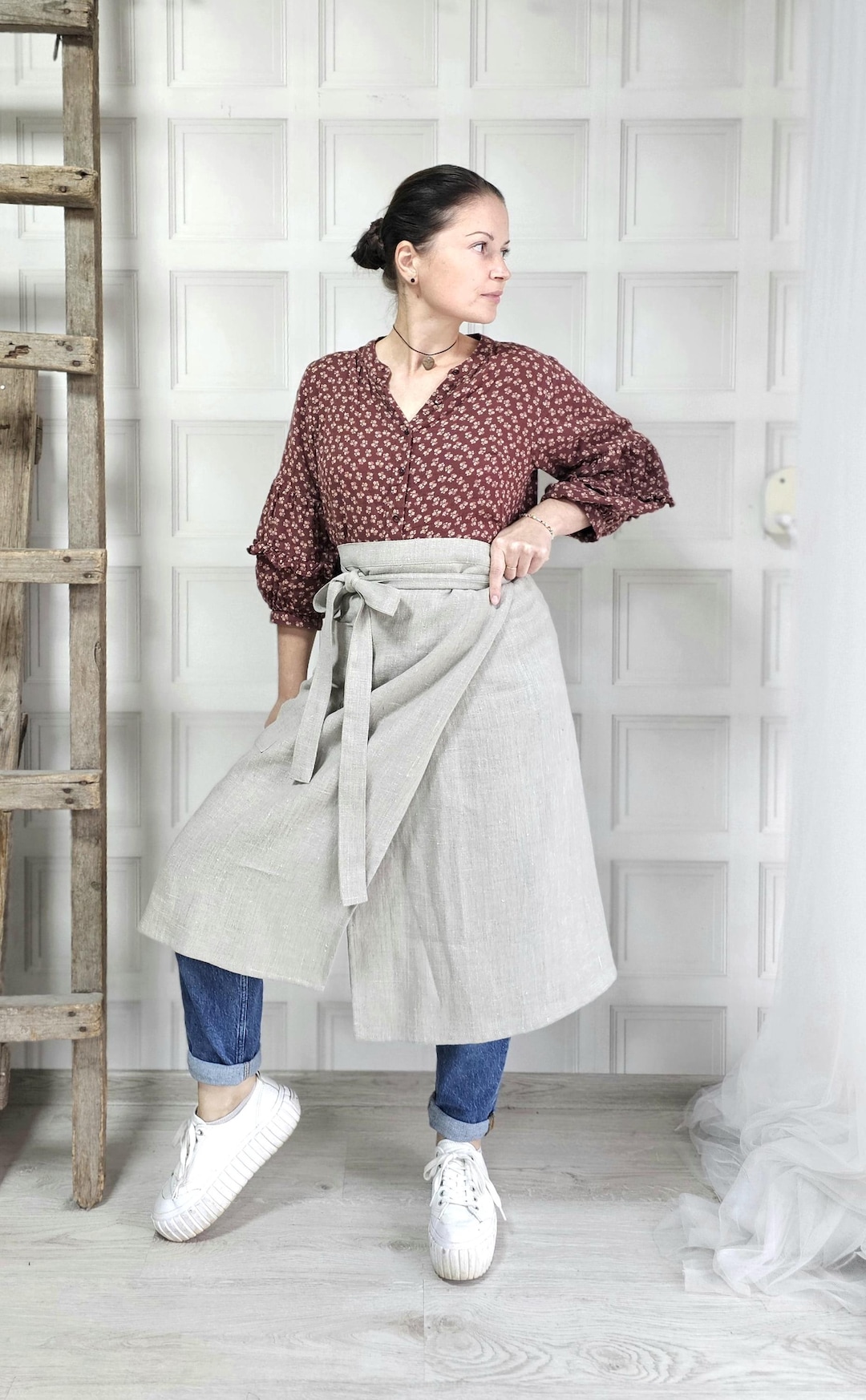 Split Leg Potter's Apron From Rough Texture Linen, Half Skirt Raw Linen ...