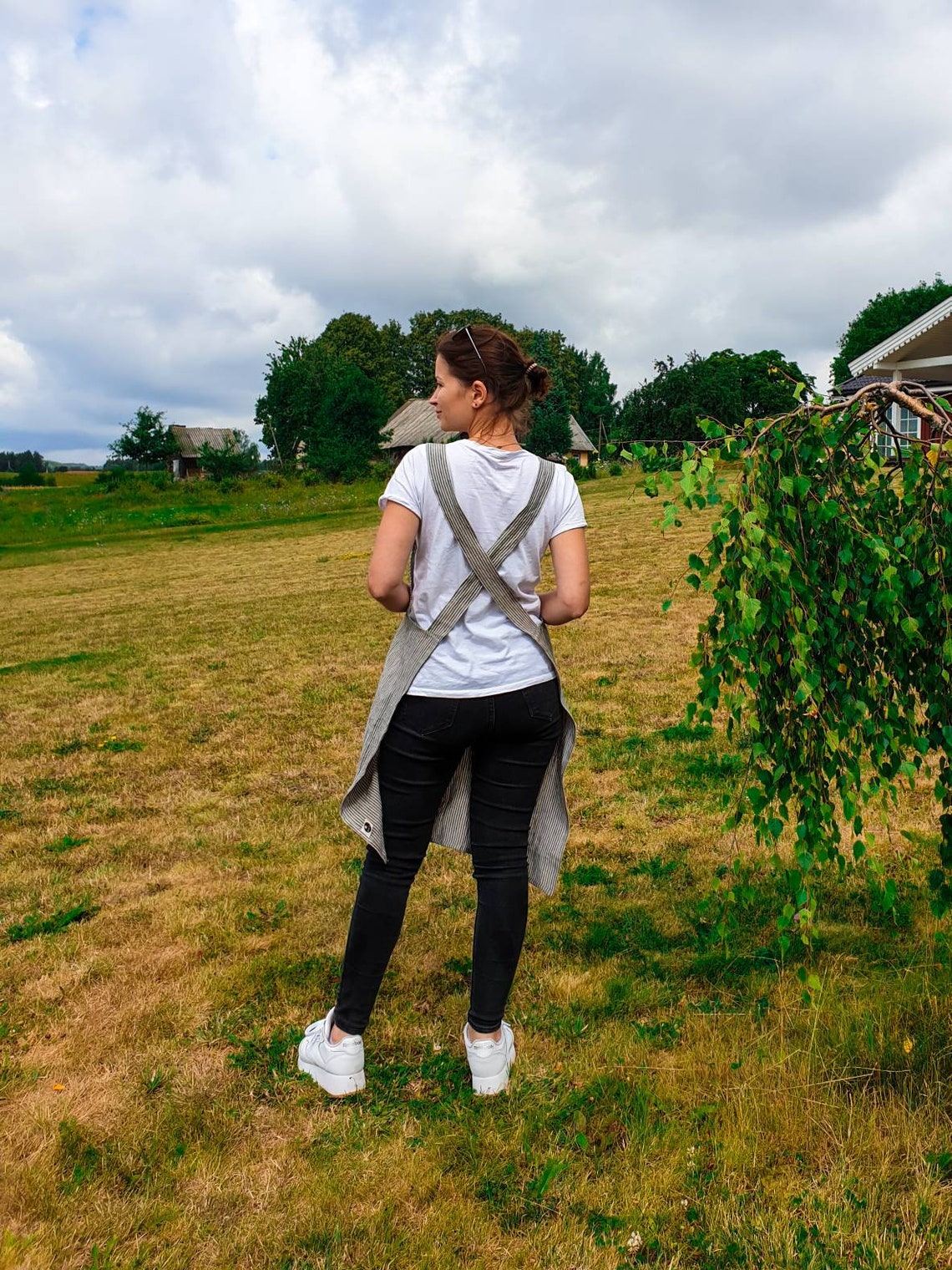 Crossed Back Linen Apron Striped Linen Apron No Ties Washed | Etsy