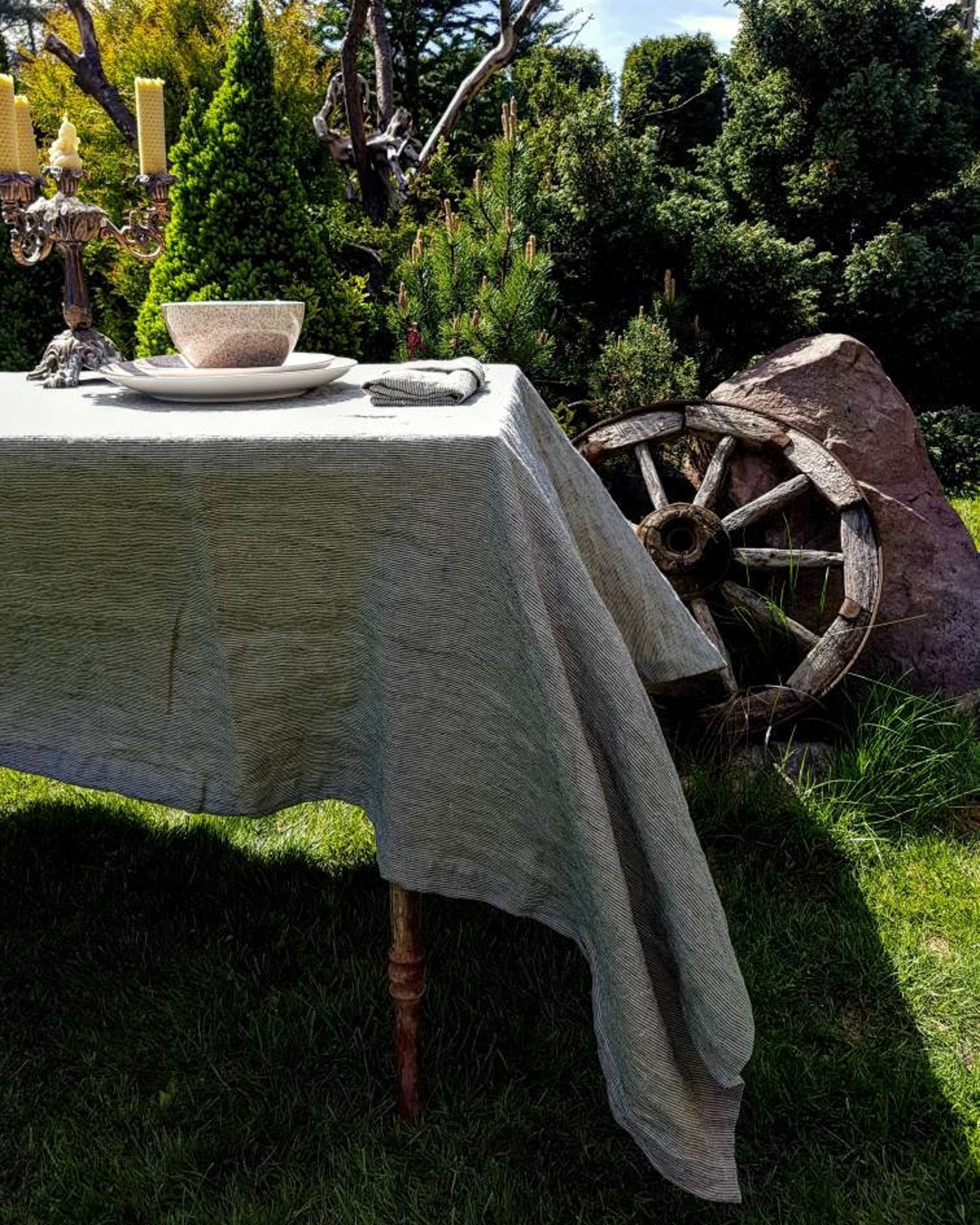 Washed striped linen tablecloth wide hem mitered corners | Etsy