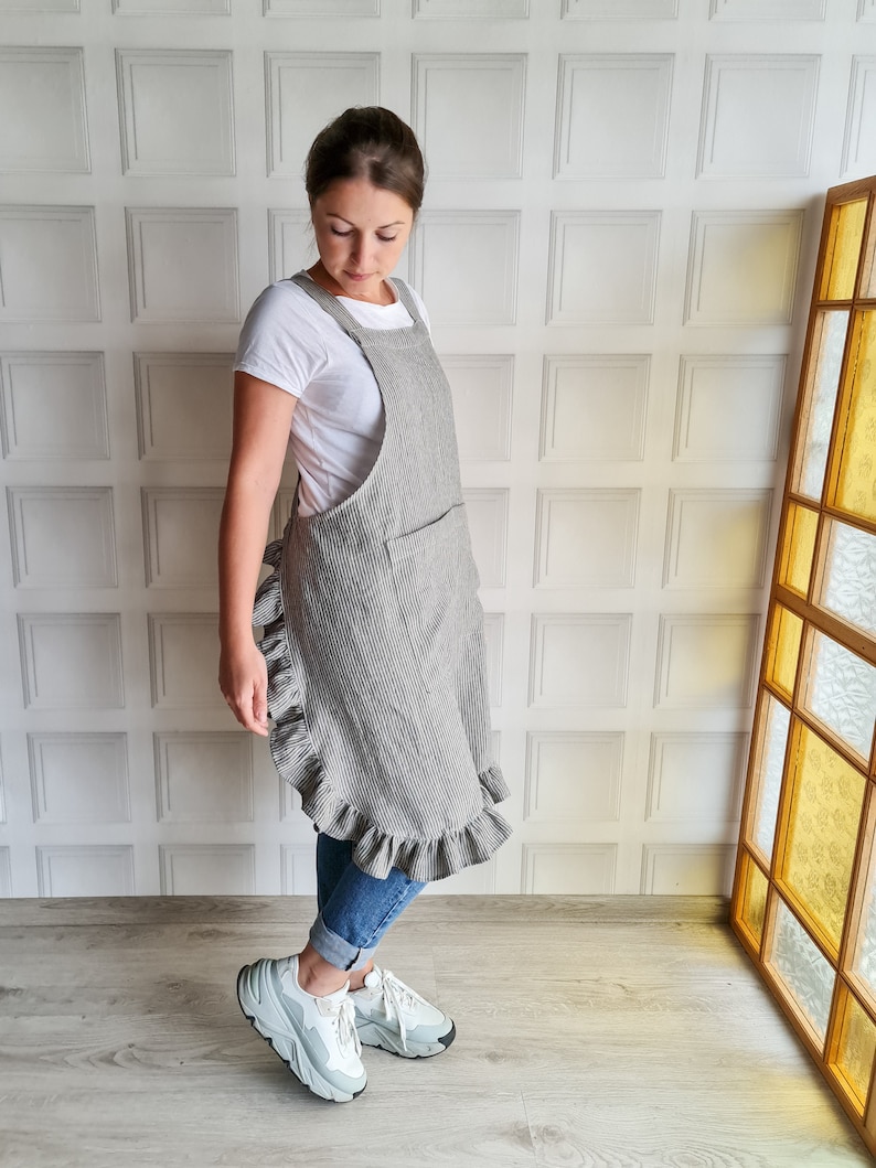 Linen Apron With Ruffles Cross Back Ruffled Linen Apron No - Etsy