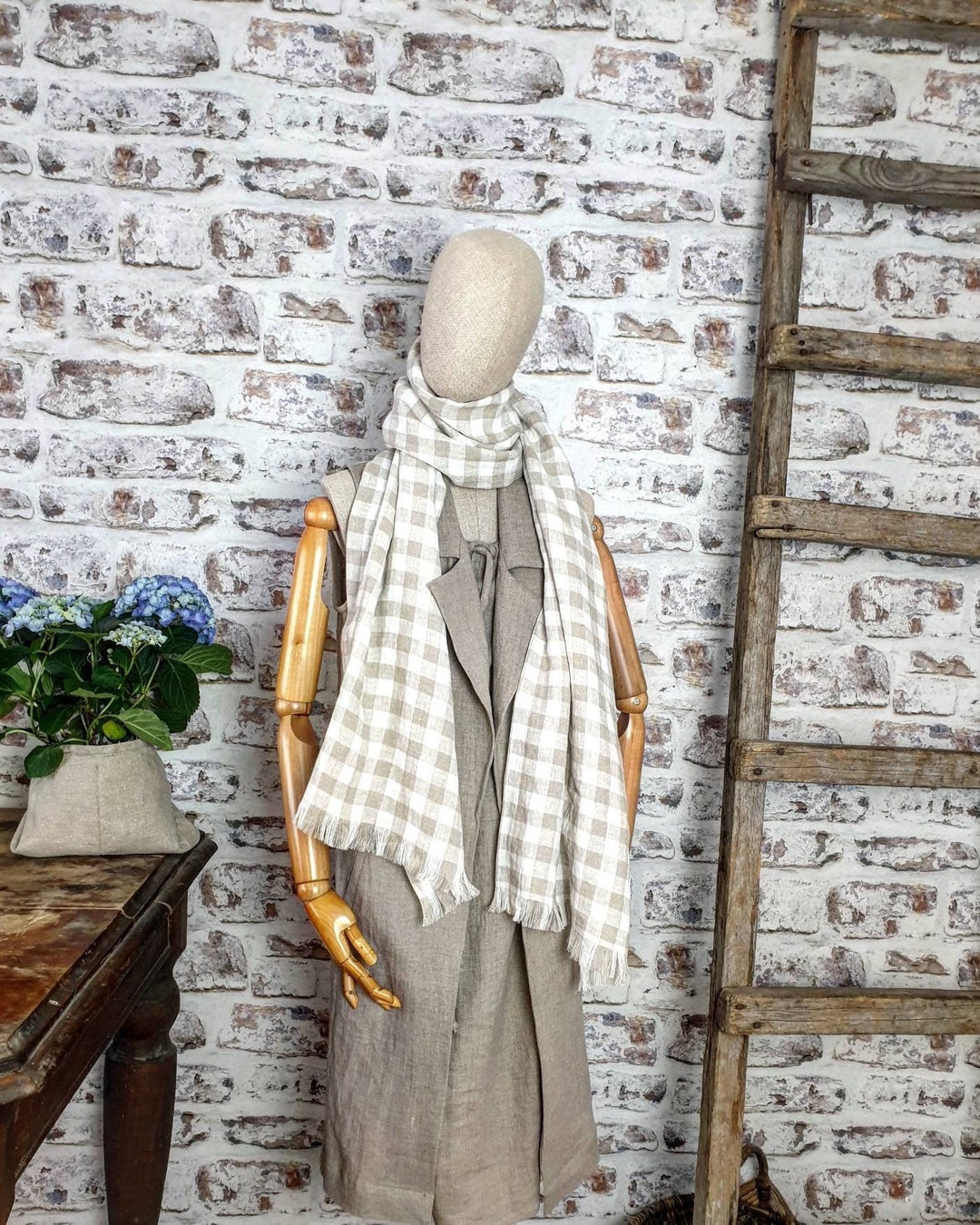 Gingham Linen Scarf, Soft Natural Linen Unisex Scarf, Long Stonewashed ...