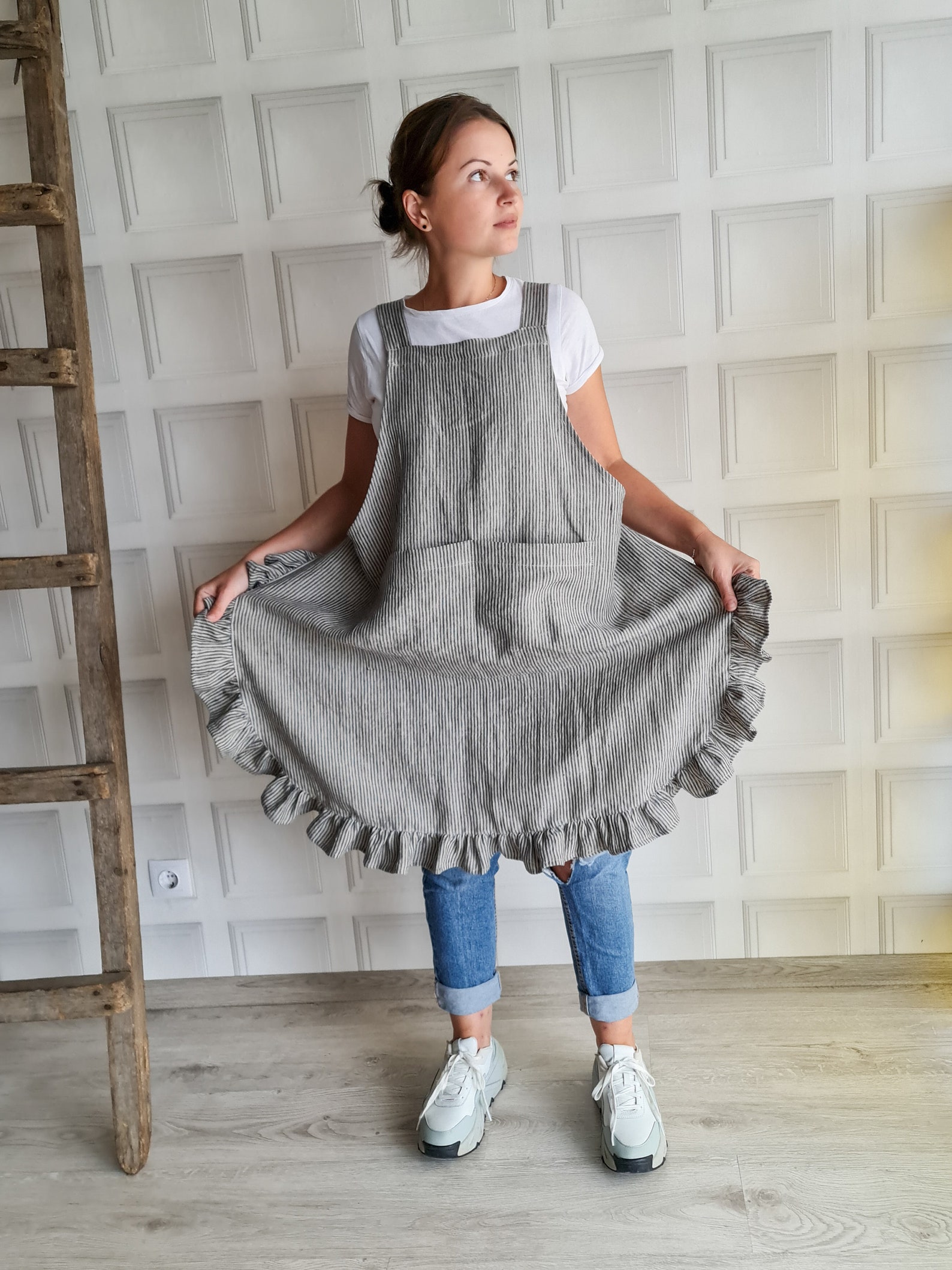 Linen Apron With Ruffles, Cross Back Ruffled Linen Apron, No Ties ...